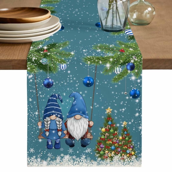 Blue Teal Gnomes Christmas Table Runner 48 Inches, Xmas Tree Balls ...