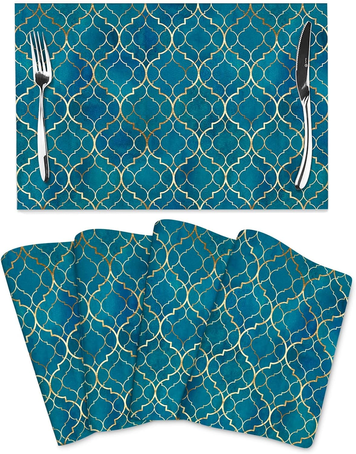 Blue Teal and Gold Modern Placemats Set of 4, Moroccan Table Mats ...