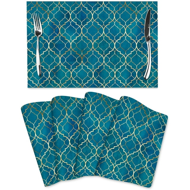 Blue Teal and Gold Modern Placemats Set of 4, Moroccan Table Mats ...