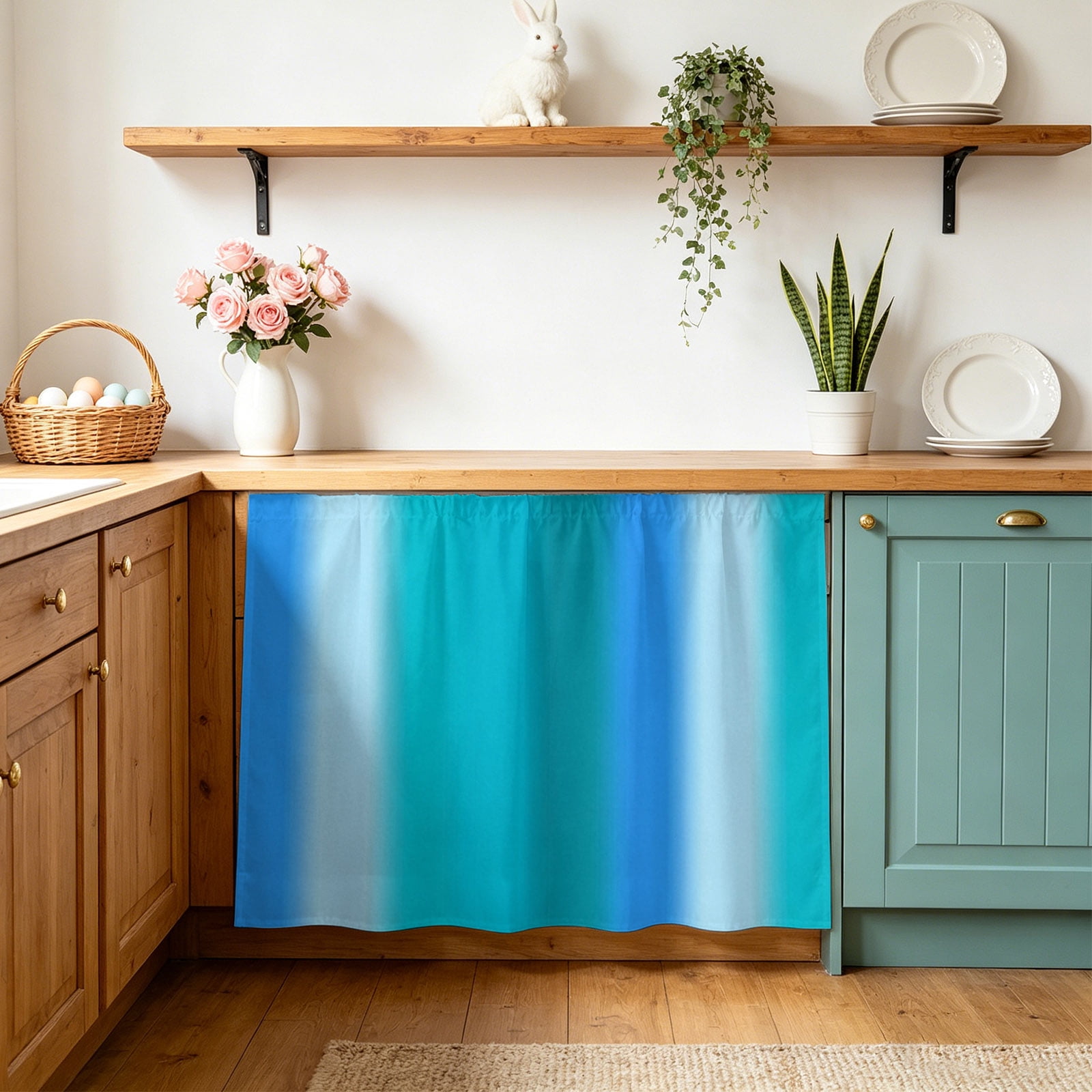 Blue Teal Green Ombre Cabinet Curtains 10" W x 11" L Modern Vertical ...