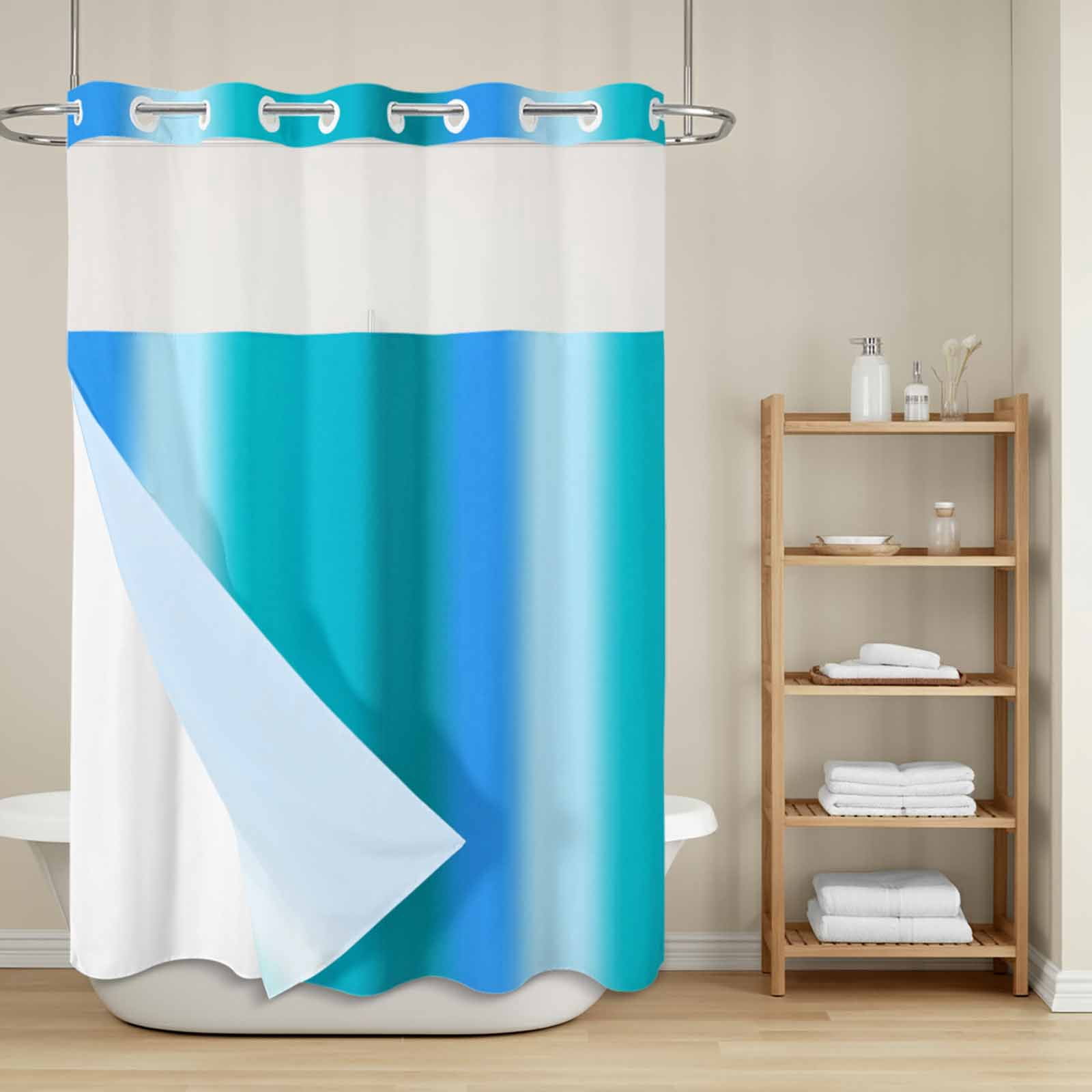 Blue Teal Green Ombre No Hook Shower Curtain with Snap in Liner, Modern ...