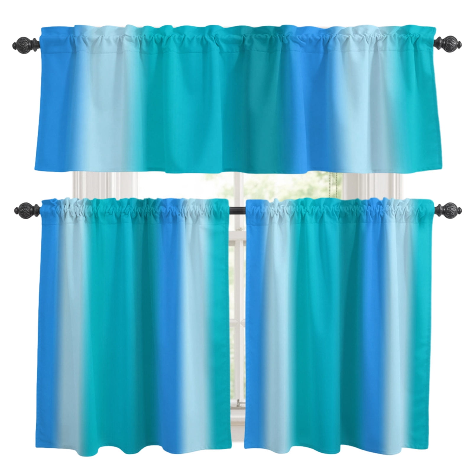 Blue Teal Green Ombre Kitchen Curtains Set for Windows, Modern Vertical ...