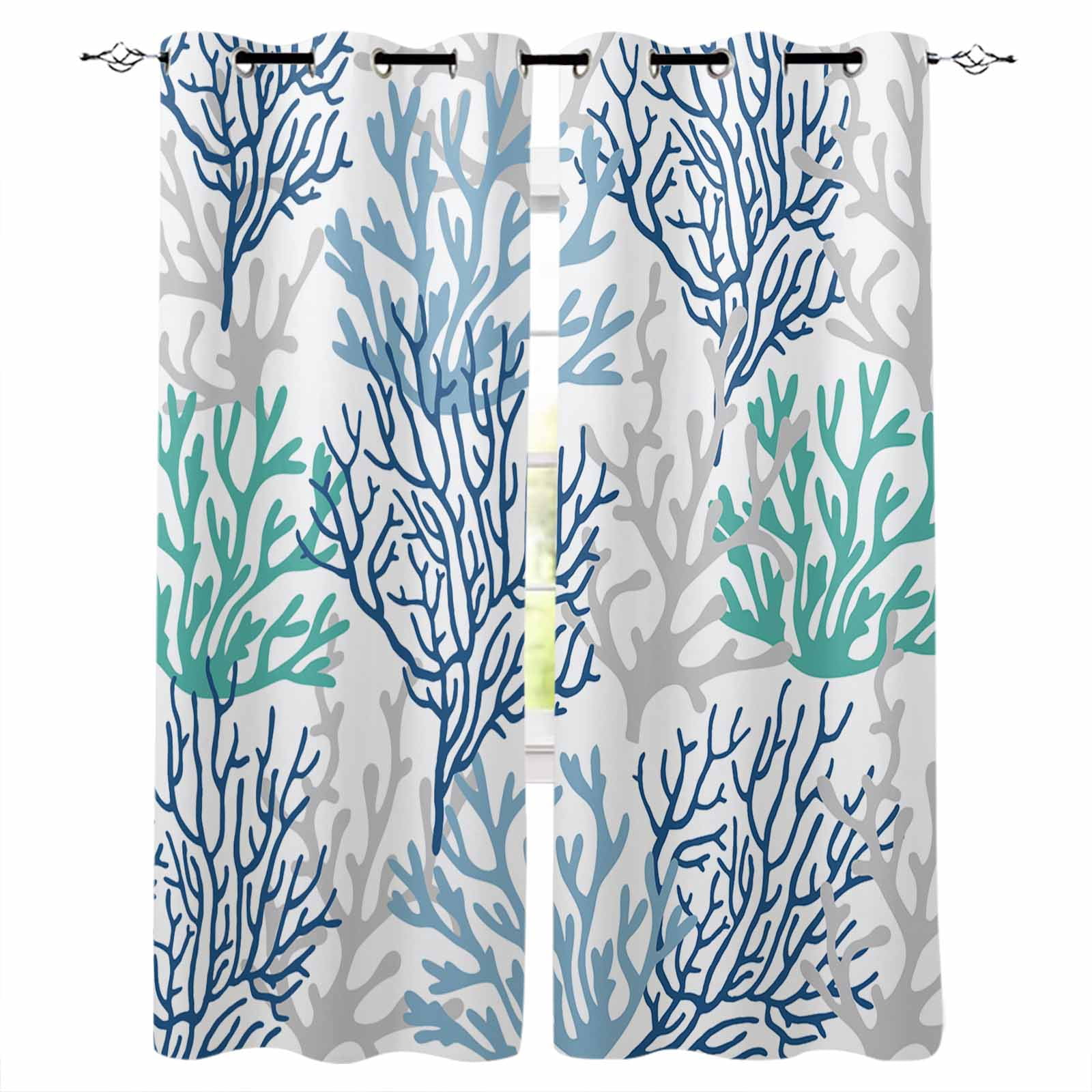 Blue Teal Grey Coral Coastal Blackout Curtains 54 Inches Long, Summer ...