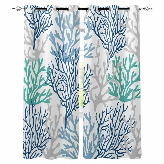 Blue Teal Grey Coral Coastal Blackout Curtains 54 Inches Long, Summer ...