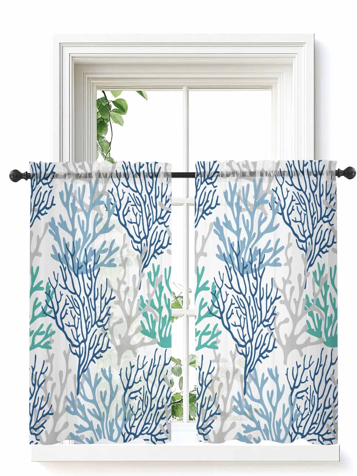 Blue Teal Grey Coral Coastal Curtains 45 Inch Length,Sheer Curtains for ...