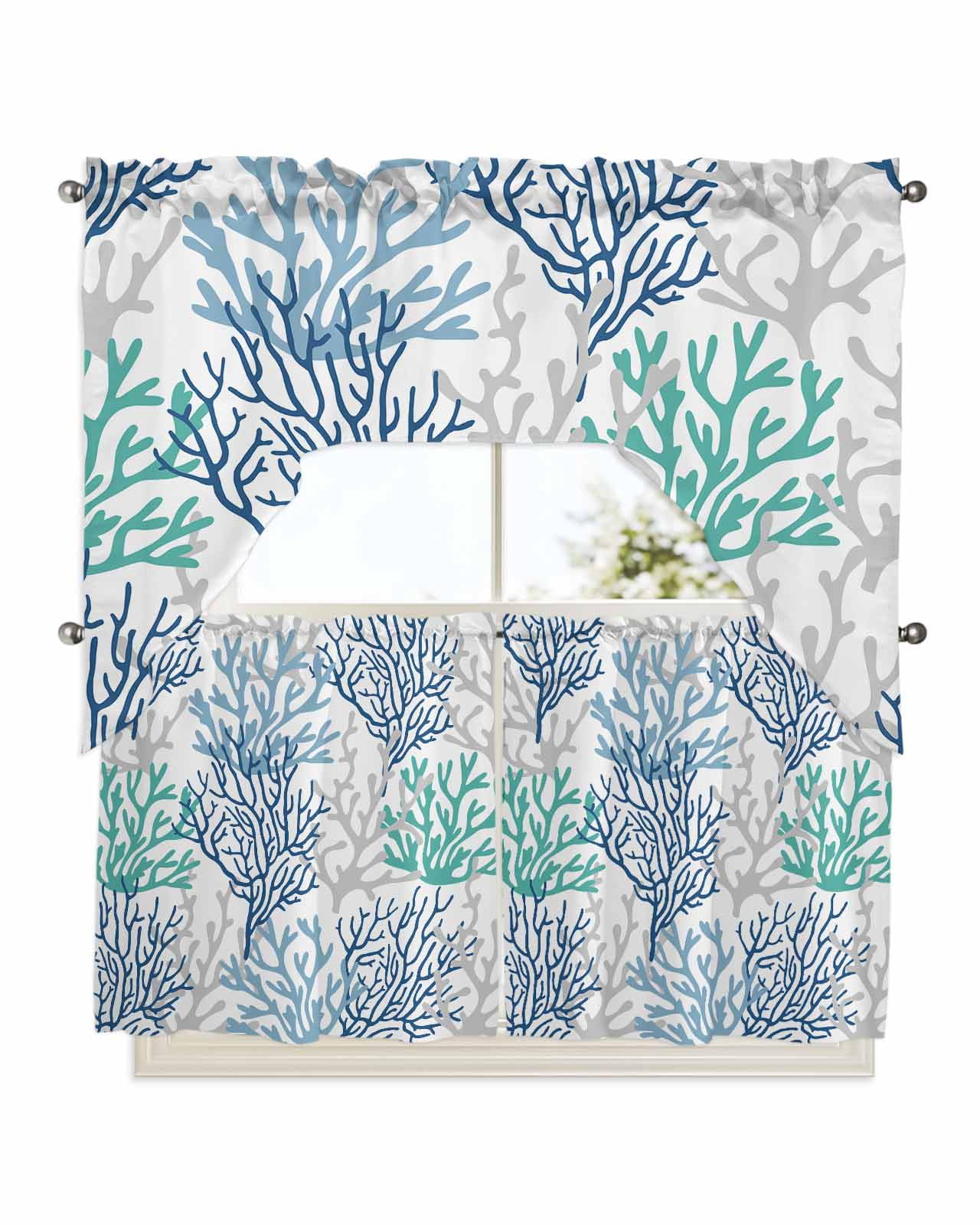 Blue Teal Grey Coral Coastal Kitchen Curtain and Valance Set 3 Pieces ...