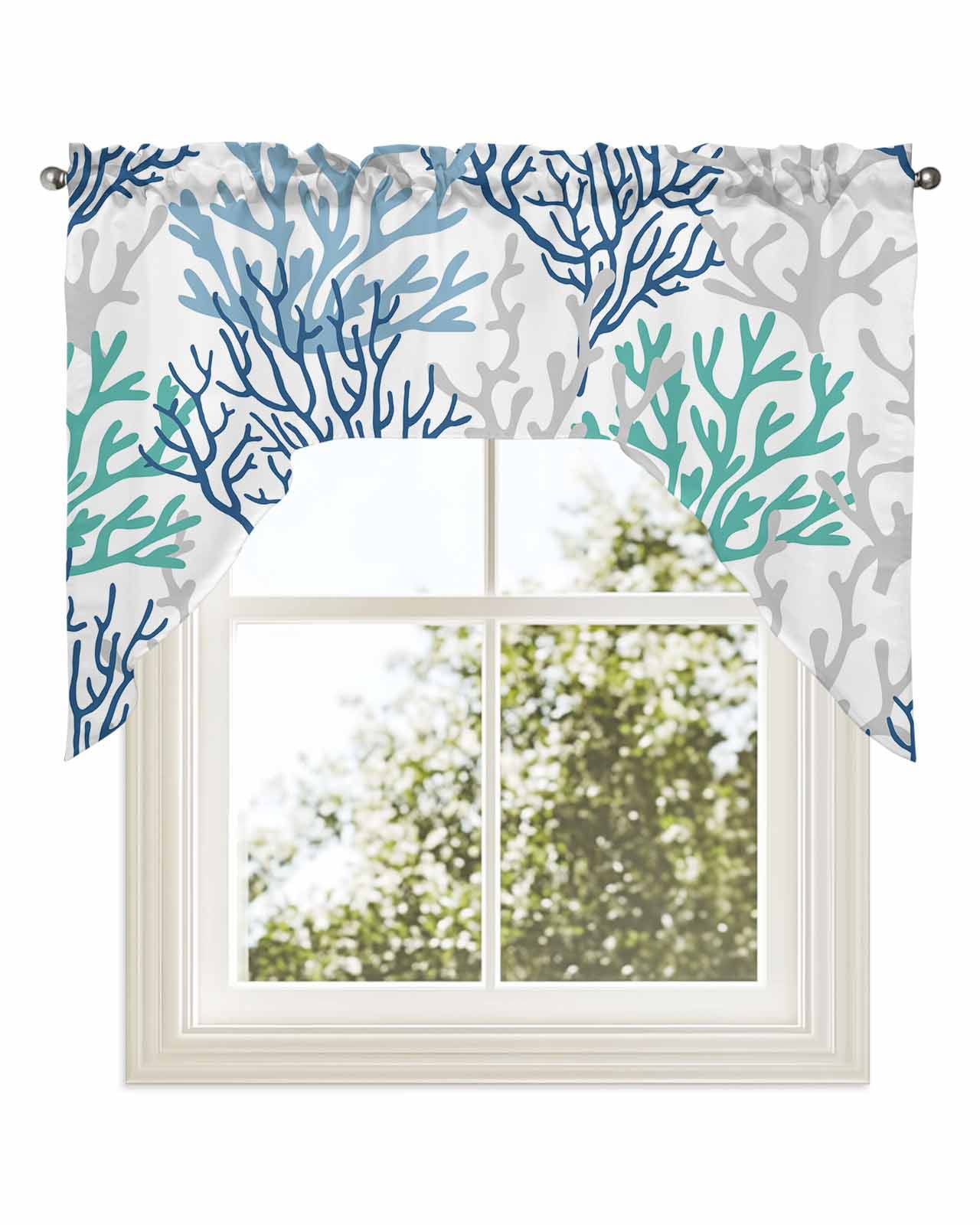 Blue Teal Grey Coral Coastal Kitchen Curtains Swag Valance for Windows ...