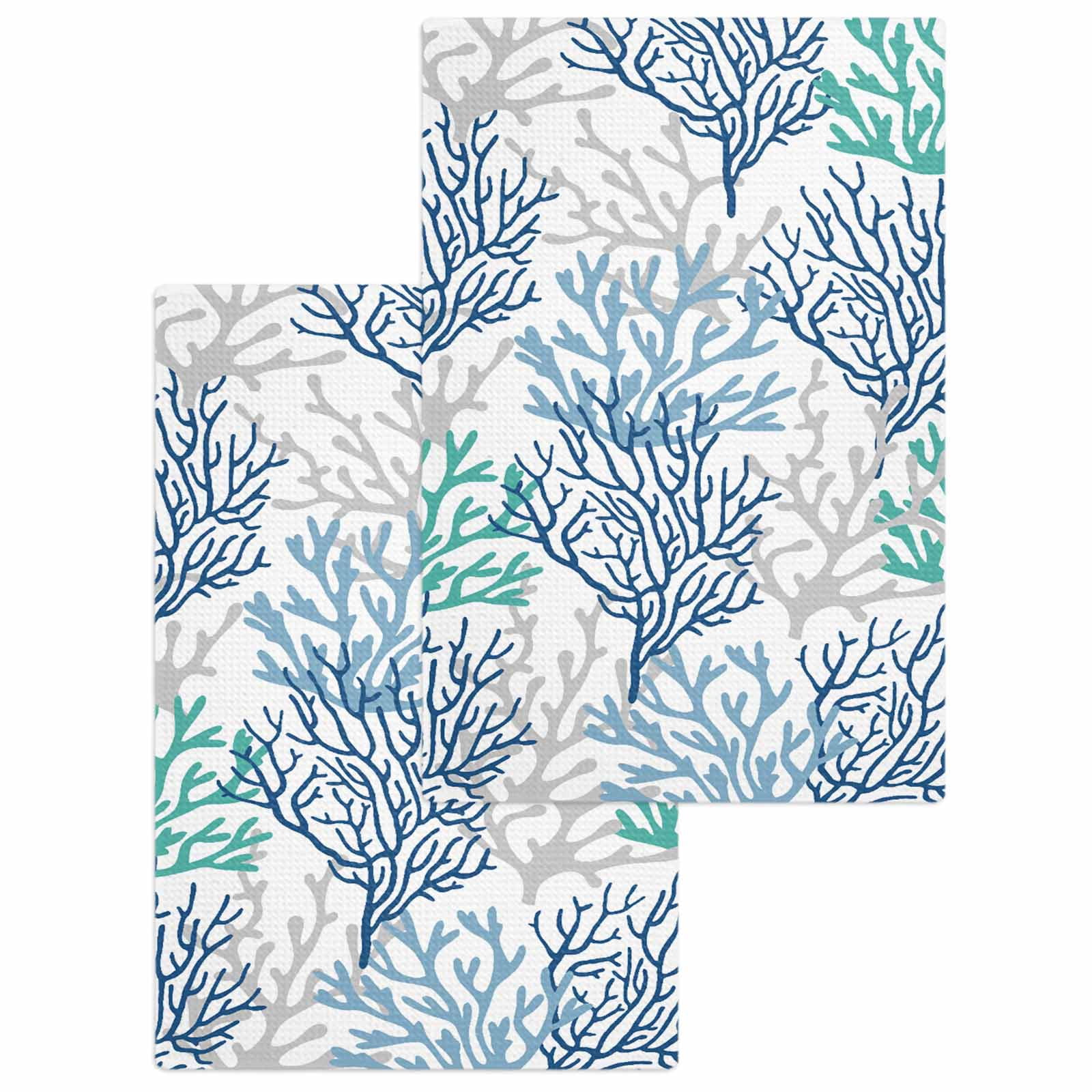 Blue Teal Grey Coral Coastal Kitchen Dish Towels for Drying Dishes Set ...