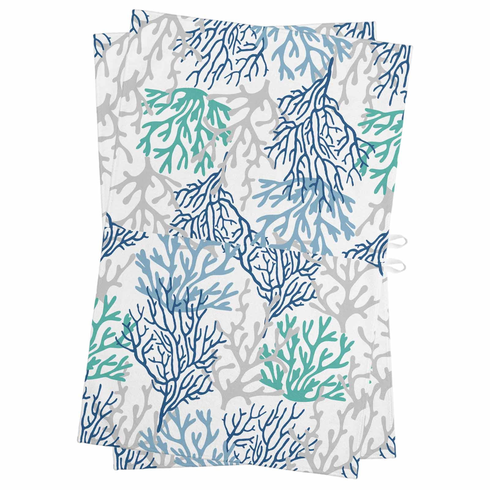 Blue Teal Grey Coral Coastal Kitchen Towels Set of 2, Water Absorbent ...