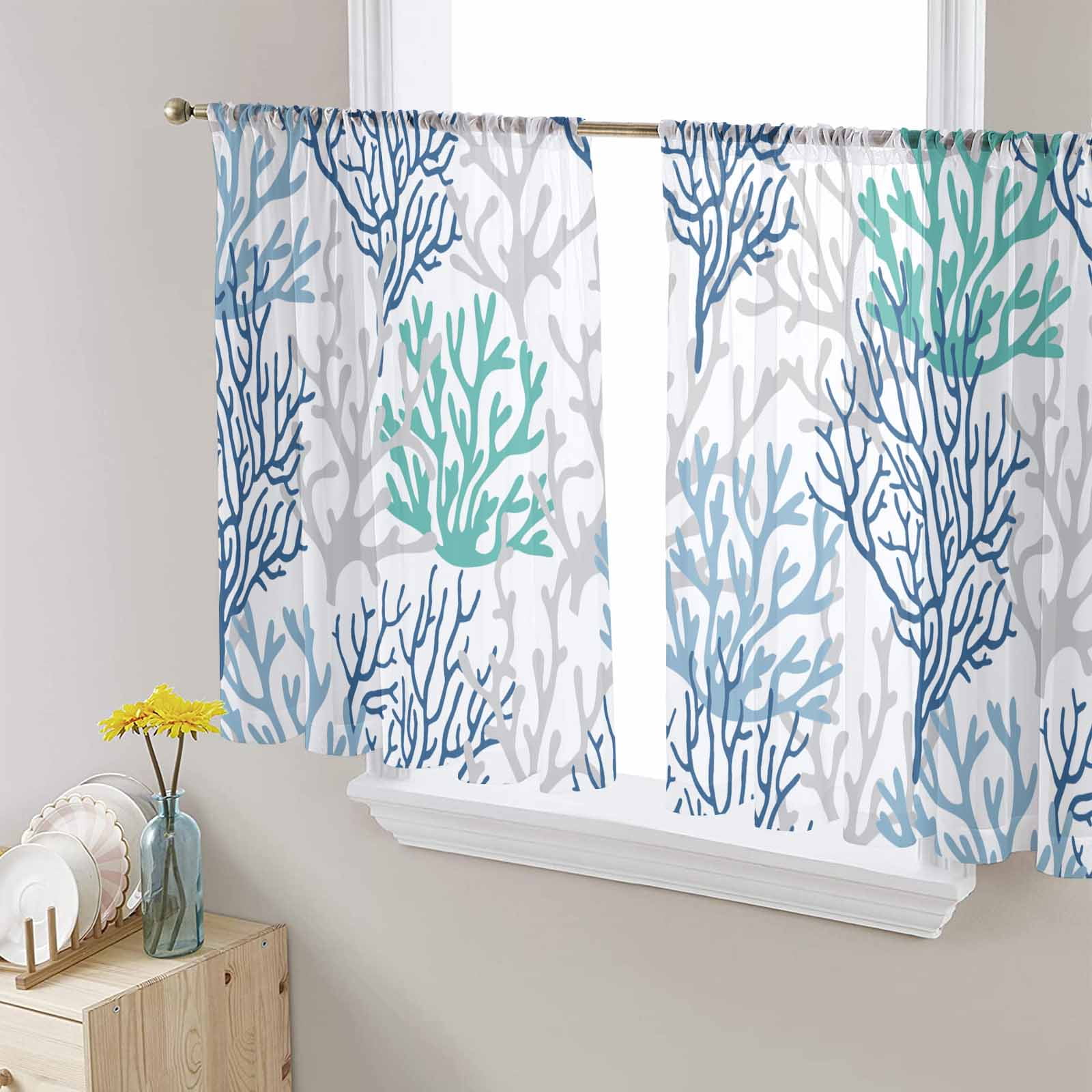 Blue Teal Grey Coral Coastal Semi Sheer Curtains 45 Inch Length 2 ...
