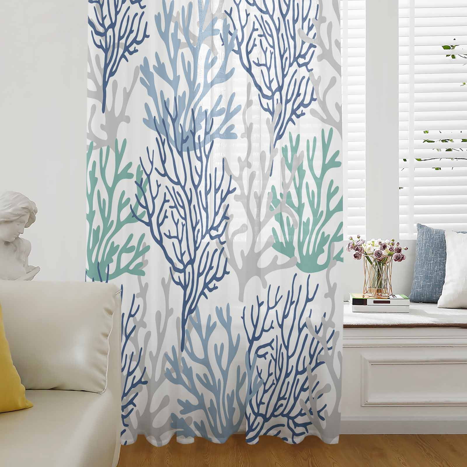 Blue Teal Grey Coral Coastal Semi Sheer Curtains Drapes for Living Room ...