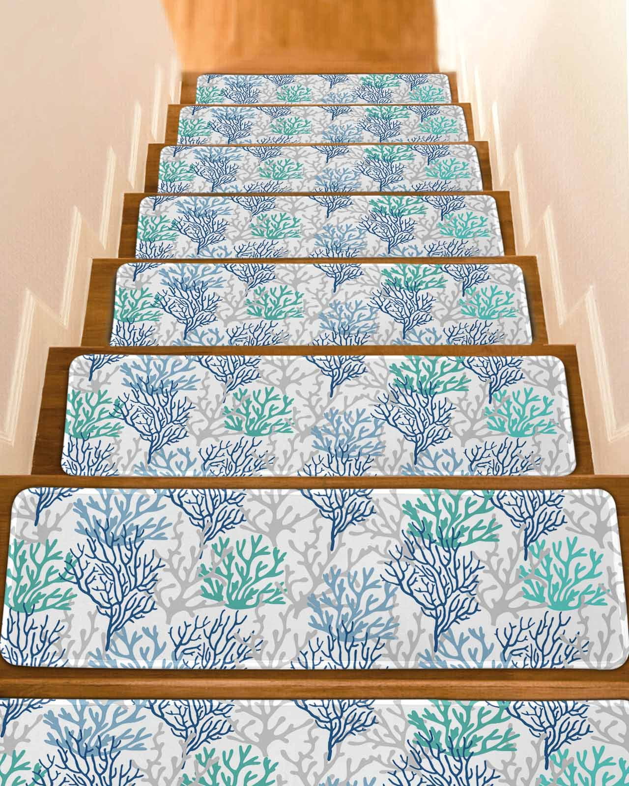 Blue Teal Grey Coral Coastal Stair Treads for Wooden Steps Indoor ...