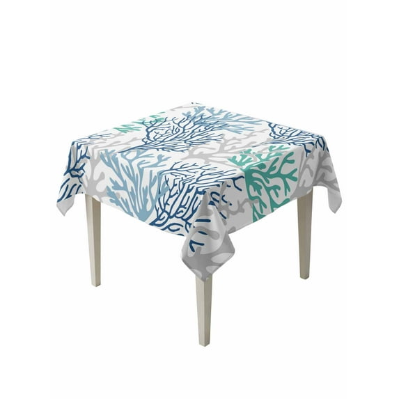 Blue Teal Grey Coral Coastal Table Cloth, Summer Beach Nautical Ocean ...