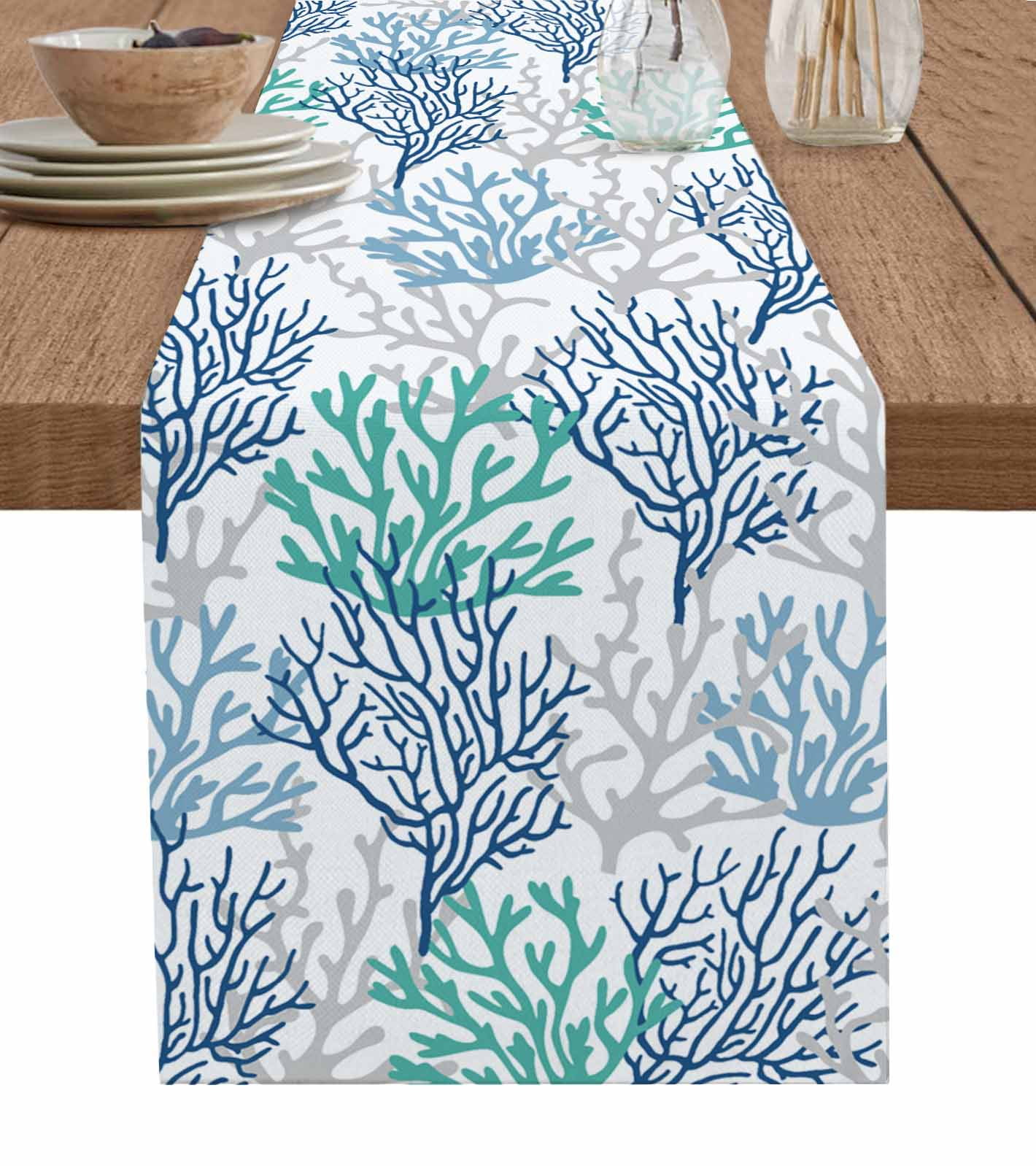 Blue Teal Grey Coral Coastal Table Runner Summer Beach Nautical Ocean ...