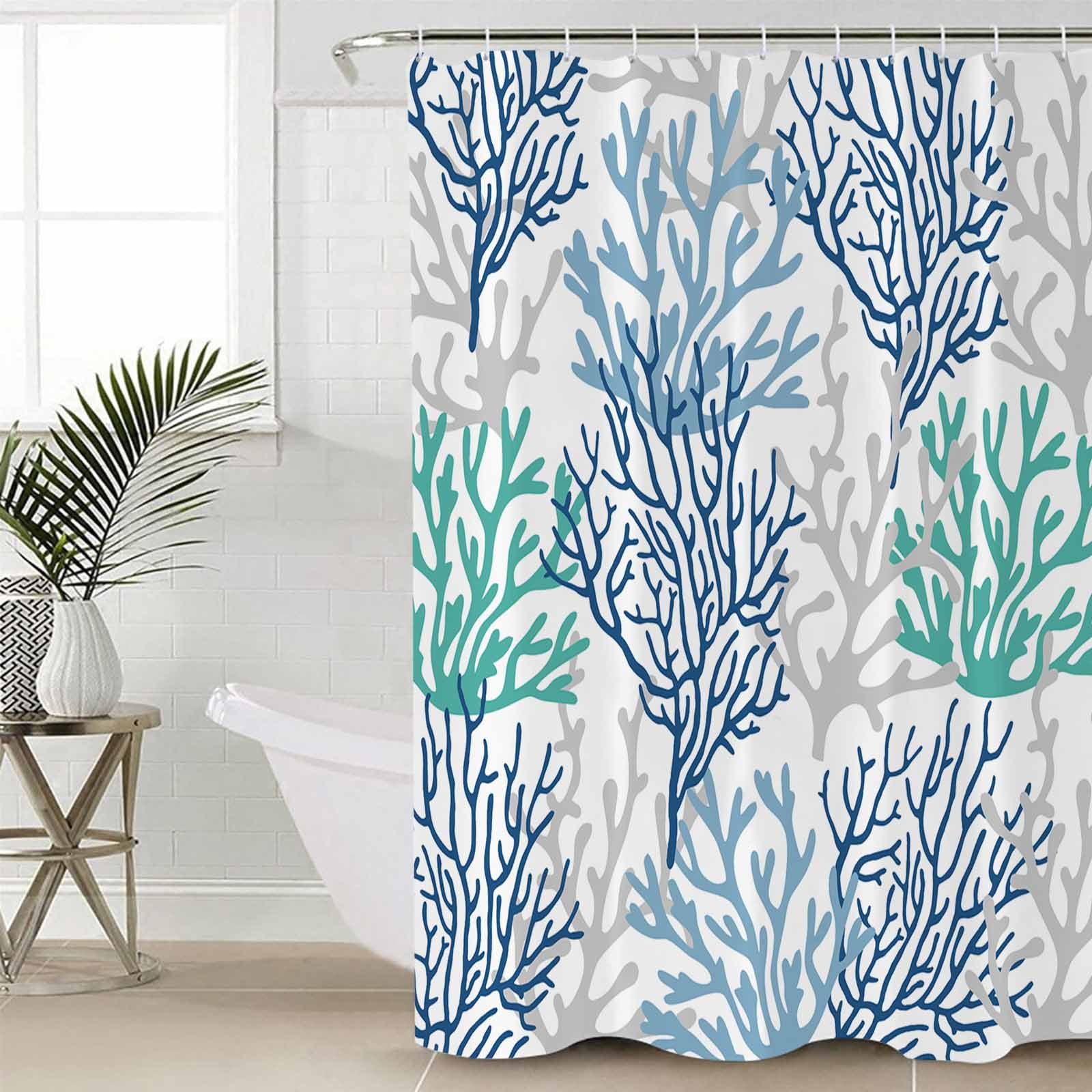 Blue Teal Grey Coral Coastal Waterproof Fabric Shower Curtain, Summer ...