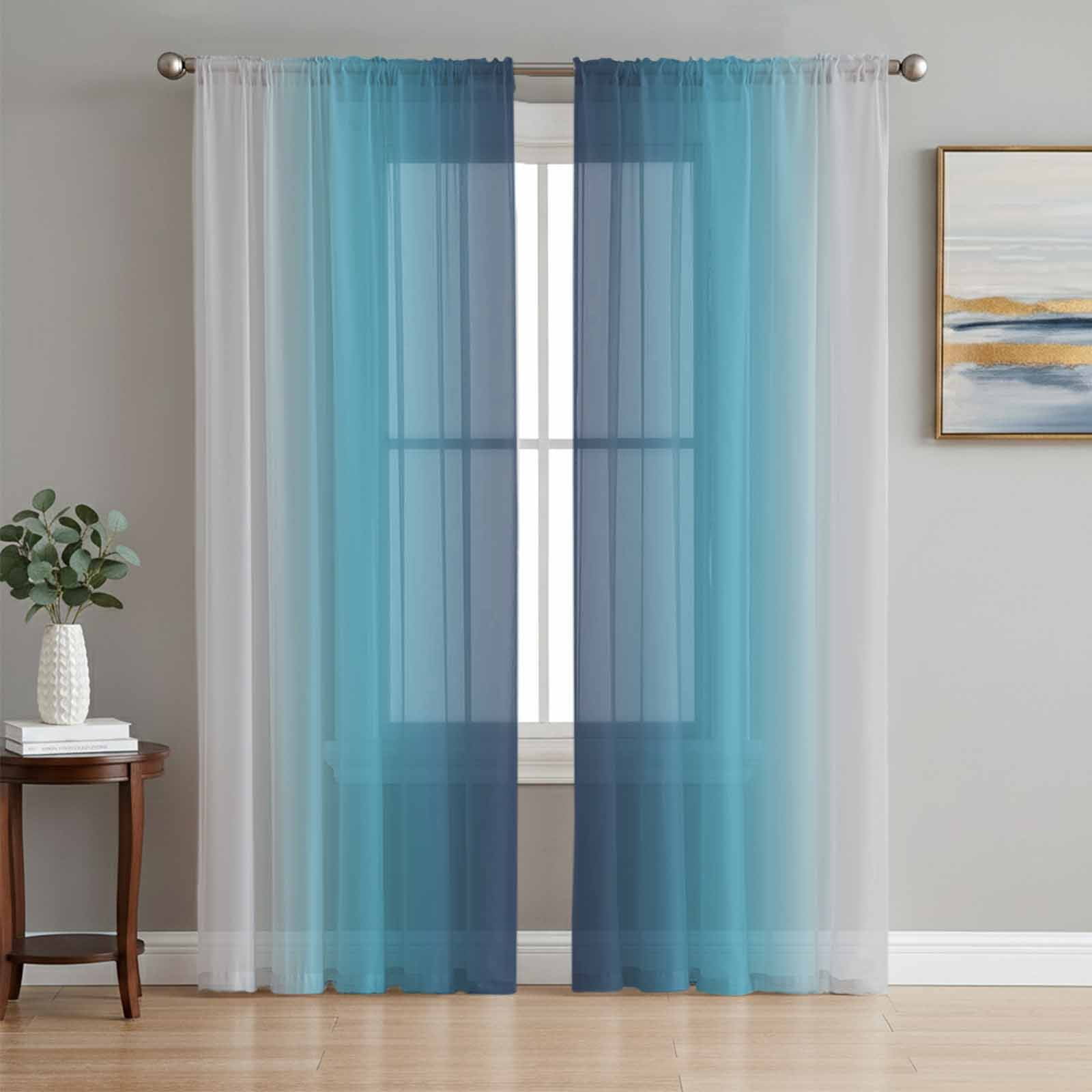 Blue Teal Grey Ombre Sheer Curtains 63 Inch Length 2 Panels Set ...