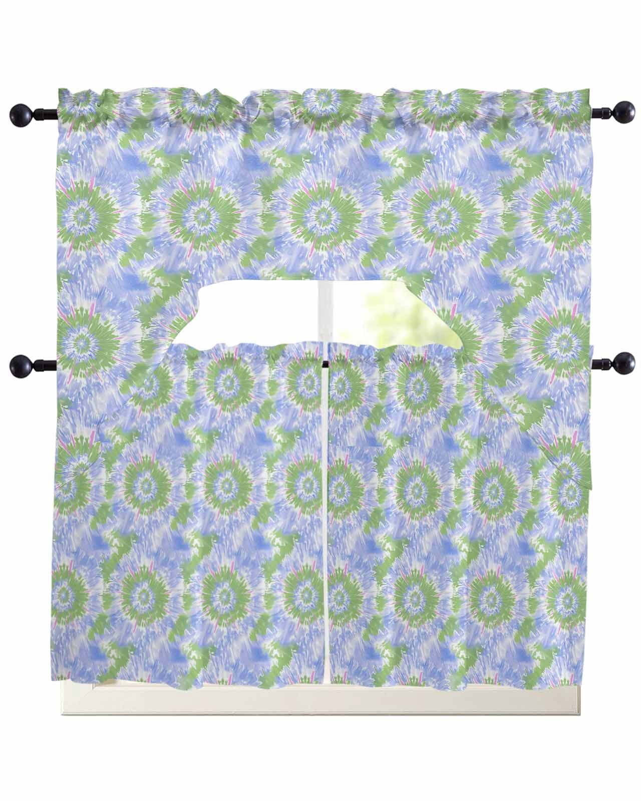 Blue Teal Kitchen Curtain and Valance Set 3 Pieces,Rod Pocket Short ...
