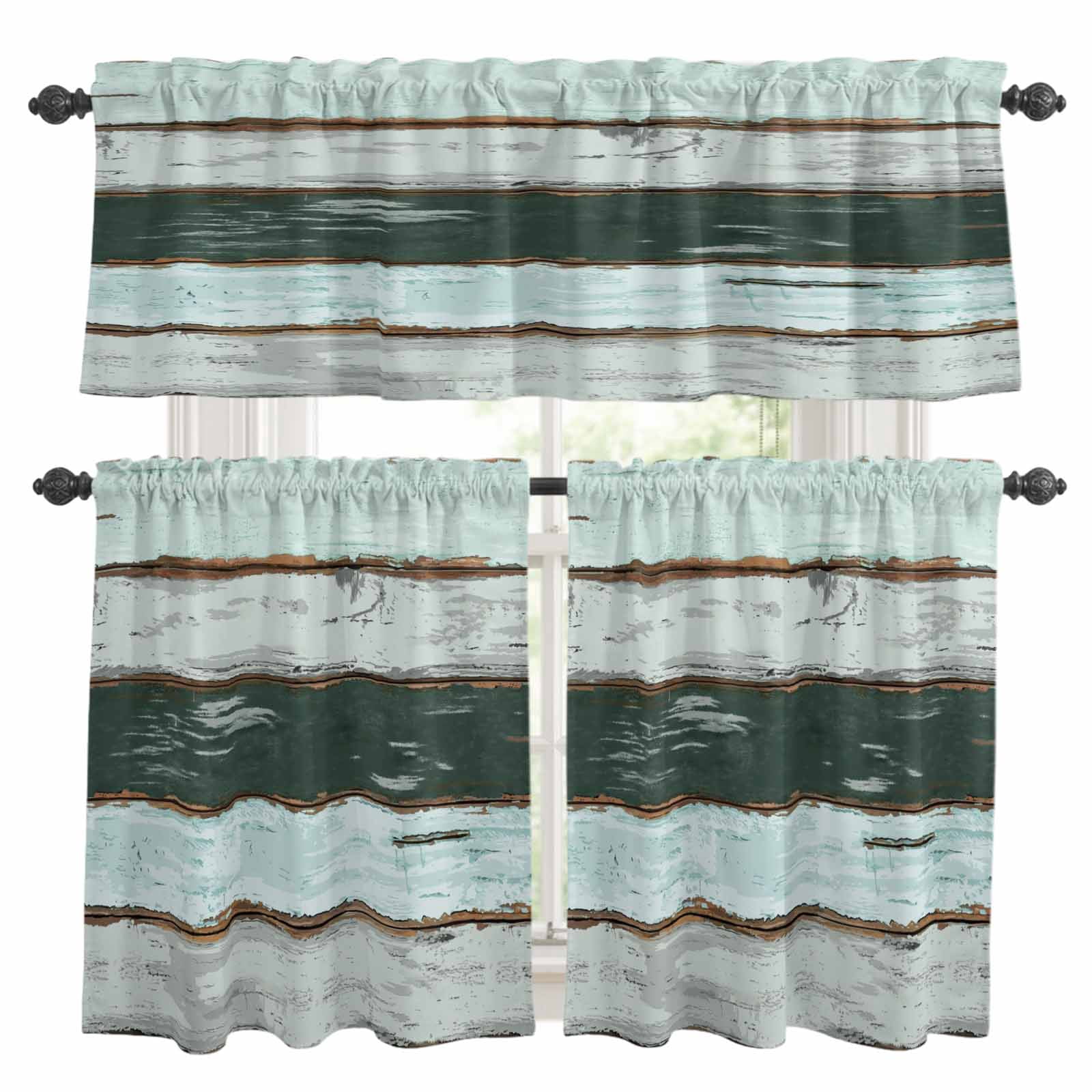 Blue Teal Kitchen Curtains Sets for Windows 36 Inch Length, Vintage ...