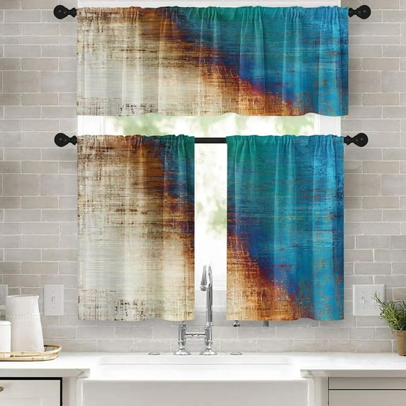 Blue Teal Kitchen Window Curtains Valance and Tier Set 36 Inch, Brown ...