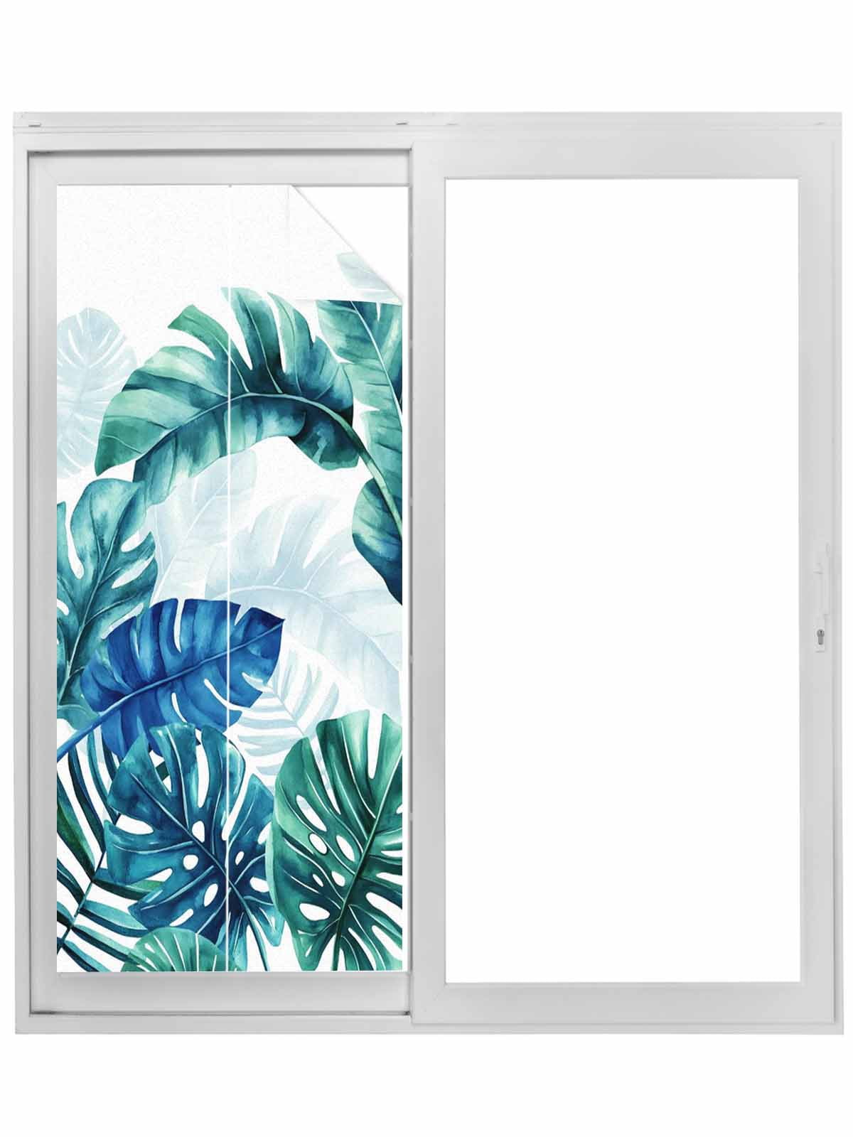 Blue Teal Leaves Window Privacy Film, Summer Botanical Watercolor Leaf ...