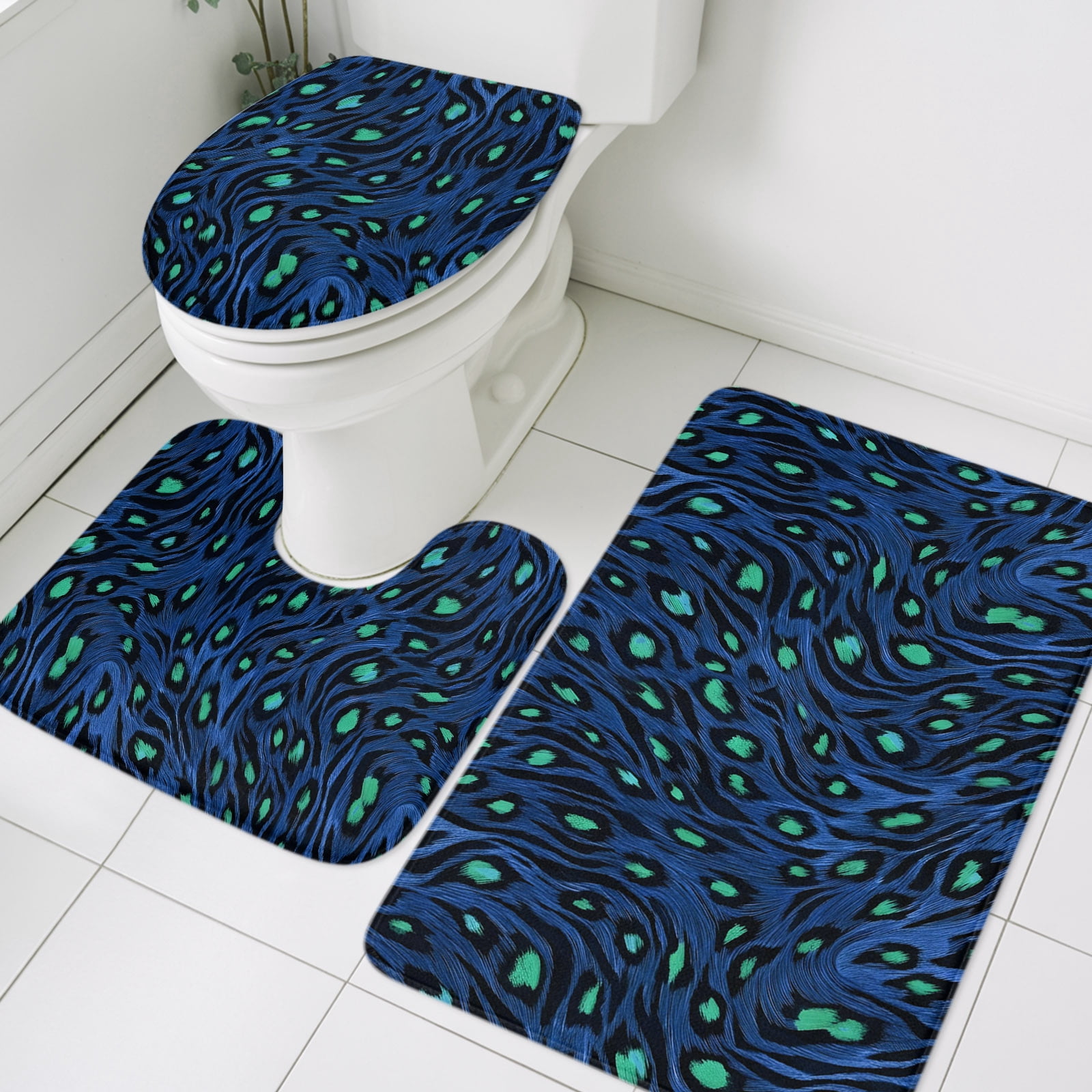 Blue Teal Leopard Bathroom Rugs Set Rustic Boho Vintage Grain Aesthetic ...