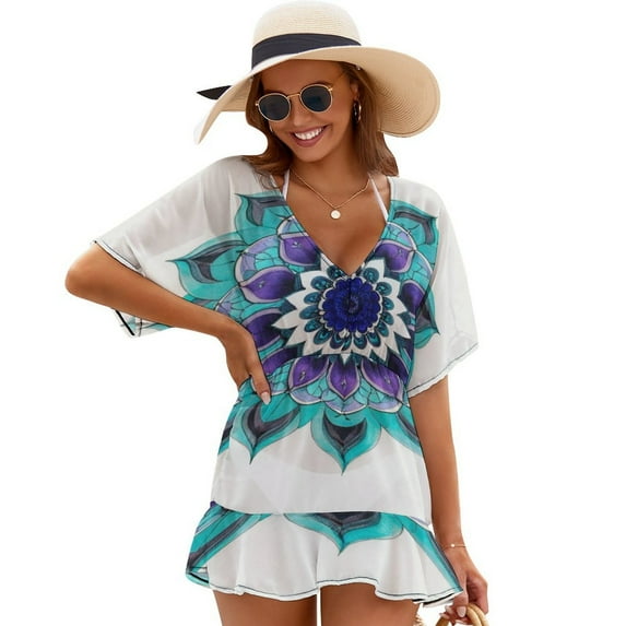 Blue Teal Mandala Art Print Beach Cover Ups Women V Neck Short Sleeve ...