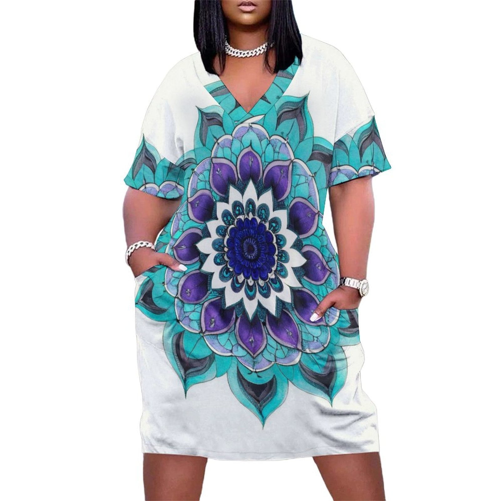 Blue Teal Mandala Art Print Loose Pocket Dress Dresses Summer Summer ...