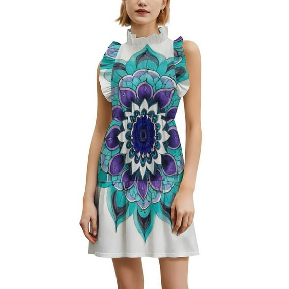 Blue Teal Mandala Art Print Women's Fashion Casual Dress Summer Stand ...
