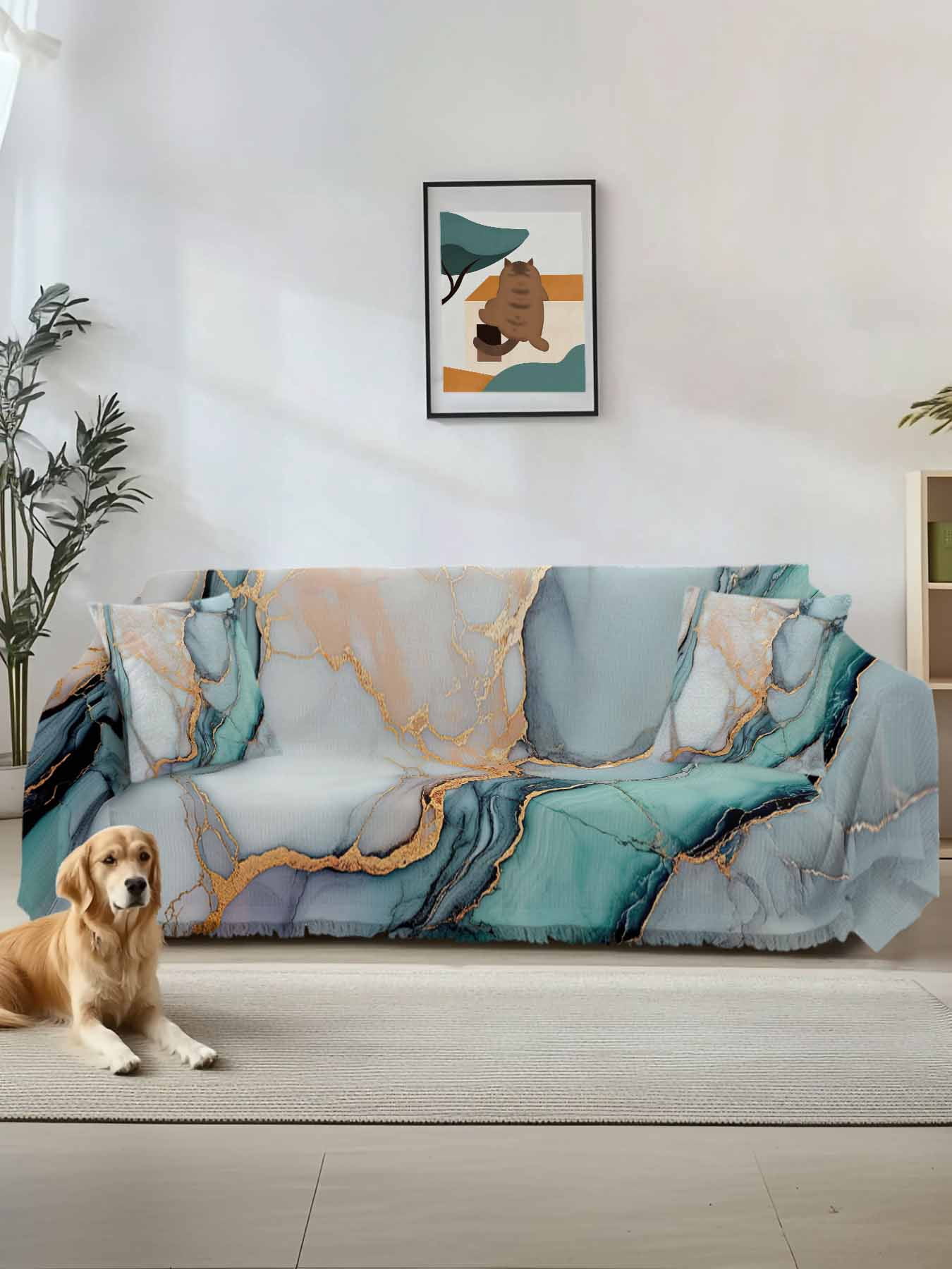 Blue Teal Marble Couch Cover, Modern Ink Painting Abstract Sofa Cover ...