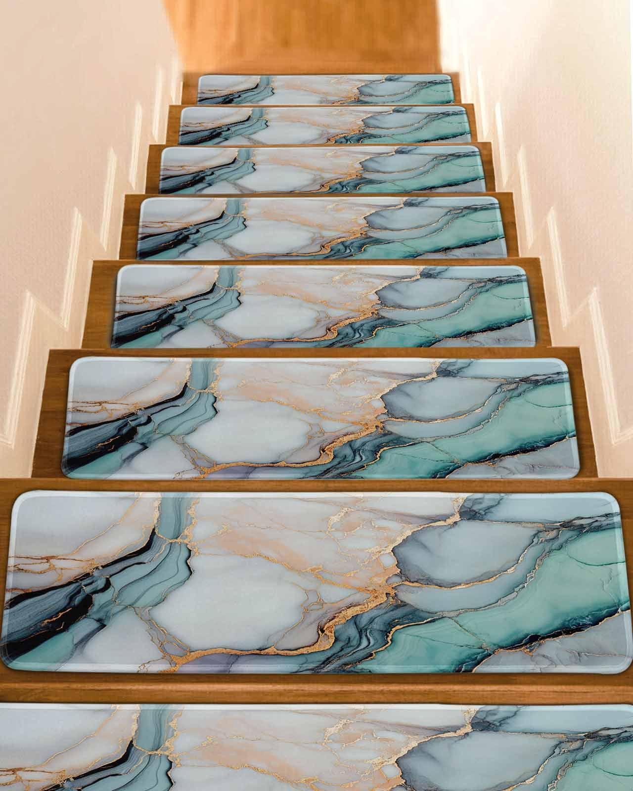 Blue Teal Marble Non-Slip Stair Treads for Wooden Steps, 7 Pack-8x30in ...