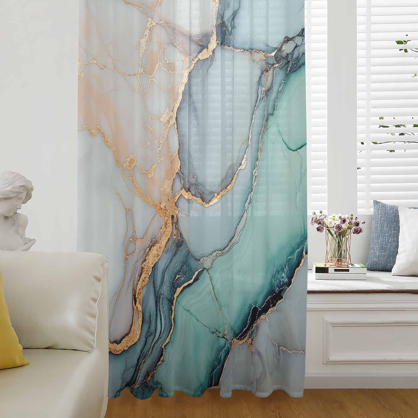 Blue Teal Marble Sheer Curtains 45 Inch Length, Light Filtering Voile ...