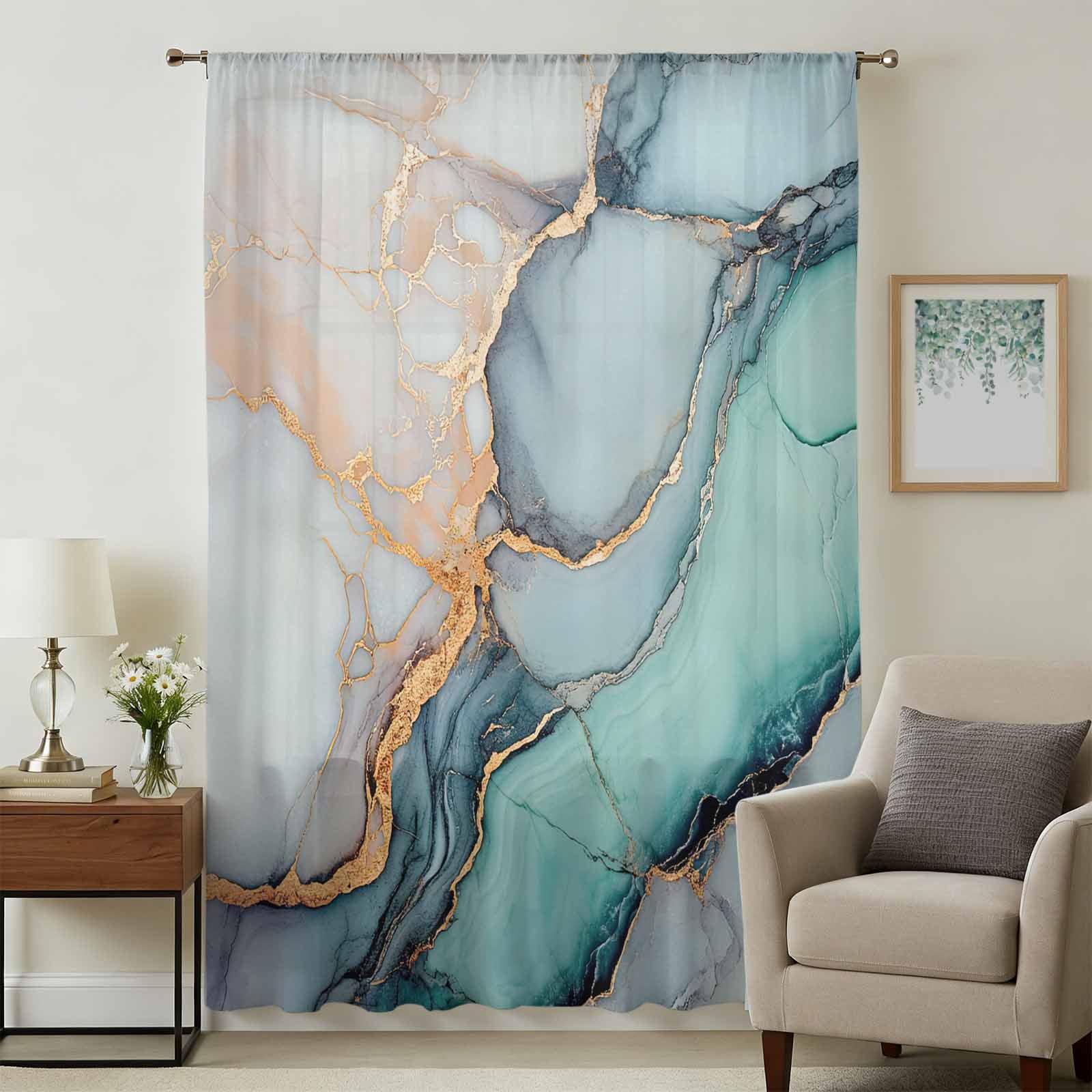 Blue Teal Marble Sheer Curtains 84 Inches Long, Modern Ink Painting ...