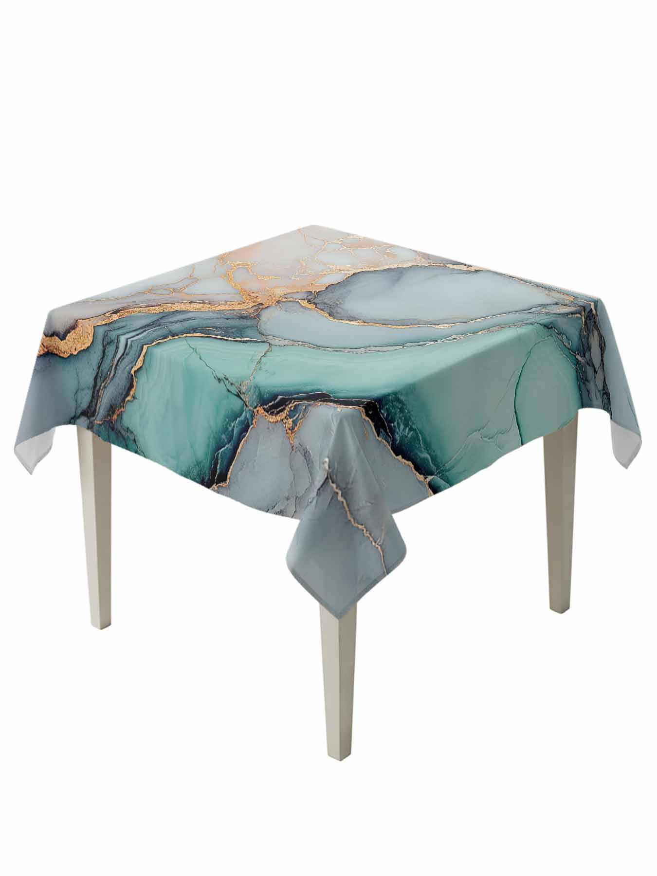Blue Teal Marble Table Cloth, Modern Ink Painting Abstract Waterproof ...