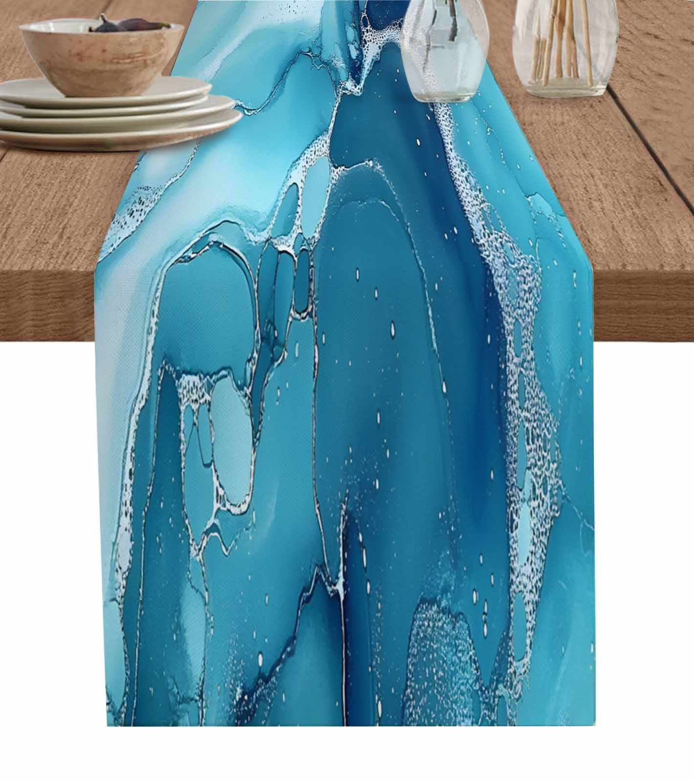 Blue Teal Marble Table Runner 72 Inches, Aesthetics Modernism Abstract ...