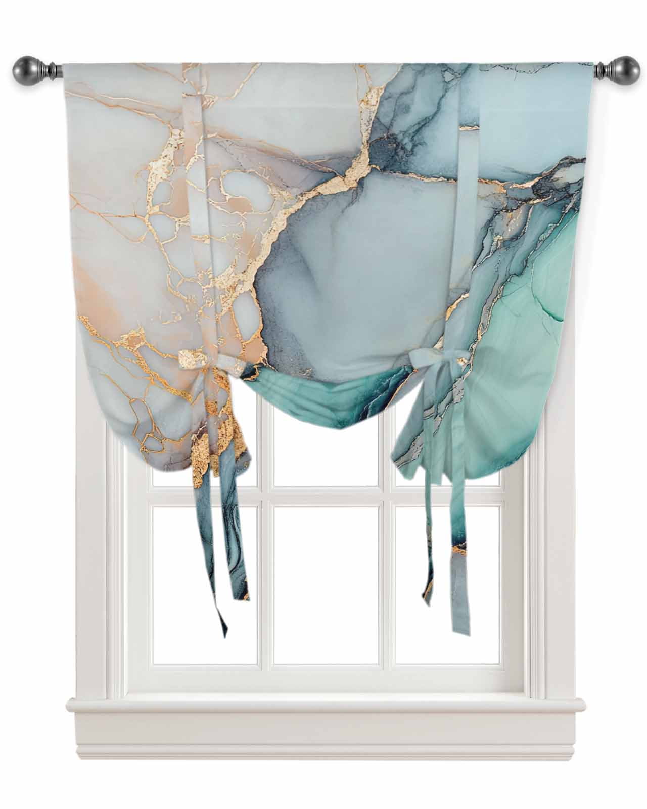 Blue Teal Marble Tie Up Curtains for Window, Modern Ink Painting ...
