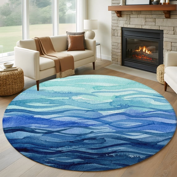 Blue Teal Ocean Waves 6FT Round Area Rugs for Living Room Nautical ...