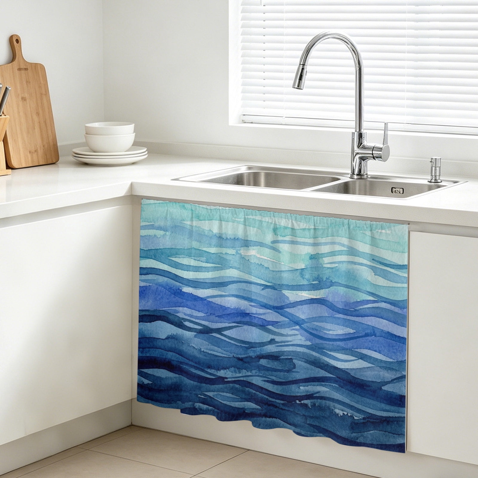 Blue Teal Ocean Waves Cabinet Curtains for Kitchen 10"W x 11"L ...