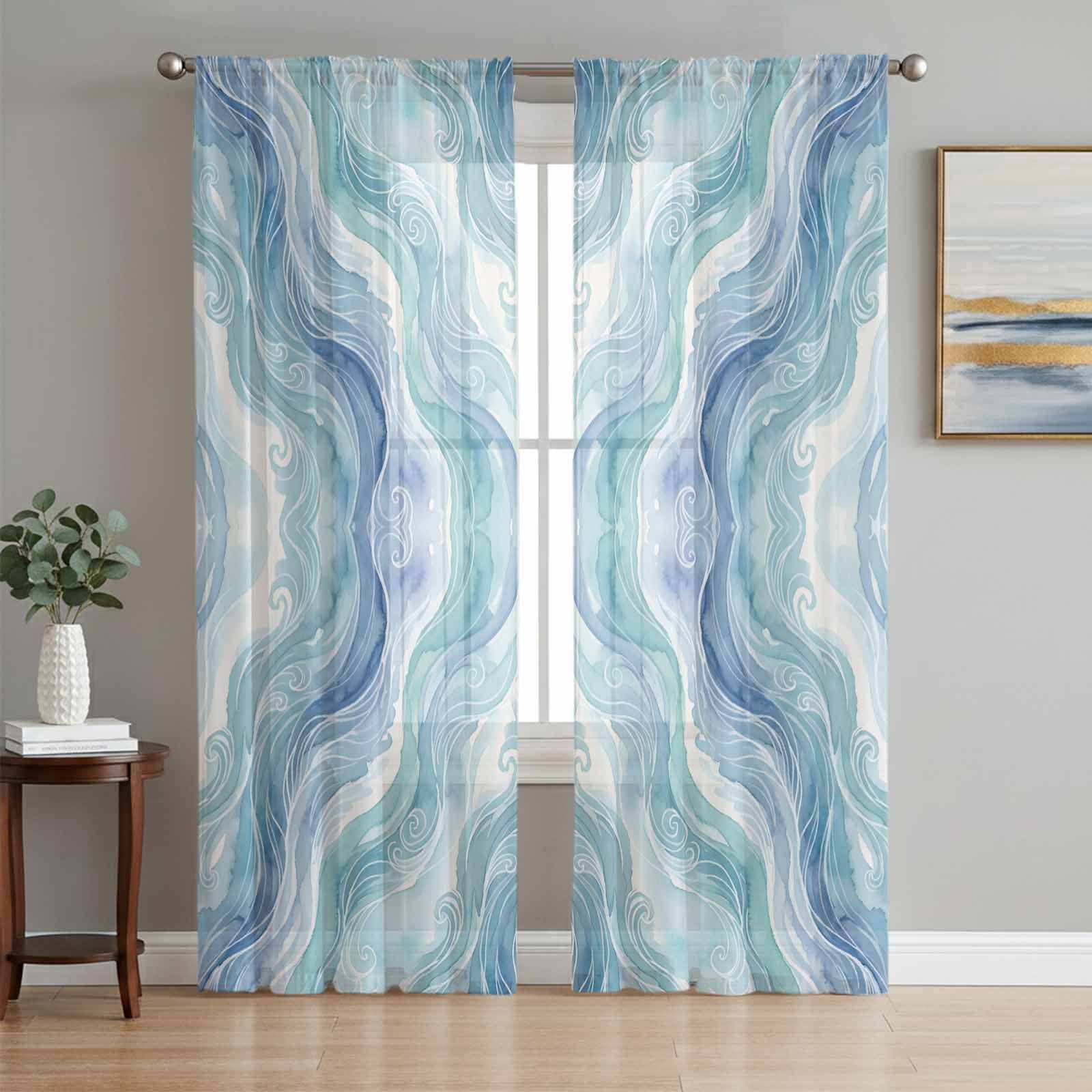 Blue Teal Ombre Sheer Curtains for Living Room Bedroom Modern Abstract ...