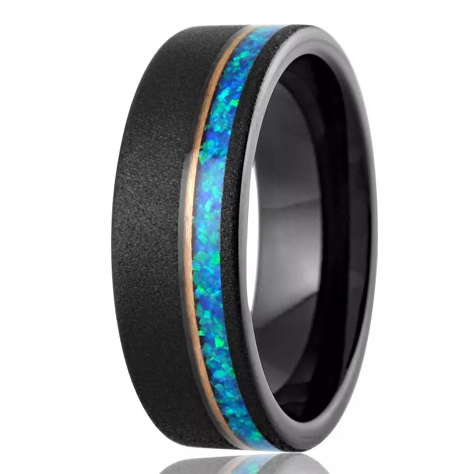 Blue Teal Opal Meteorite Wedding Band Ring for Men with Guitar String ...