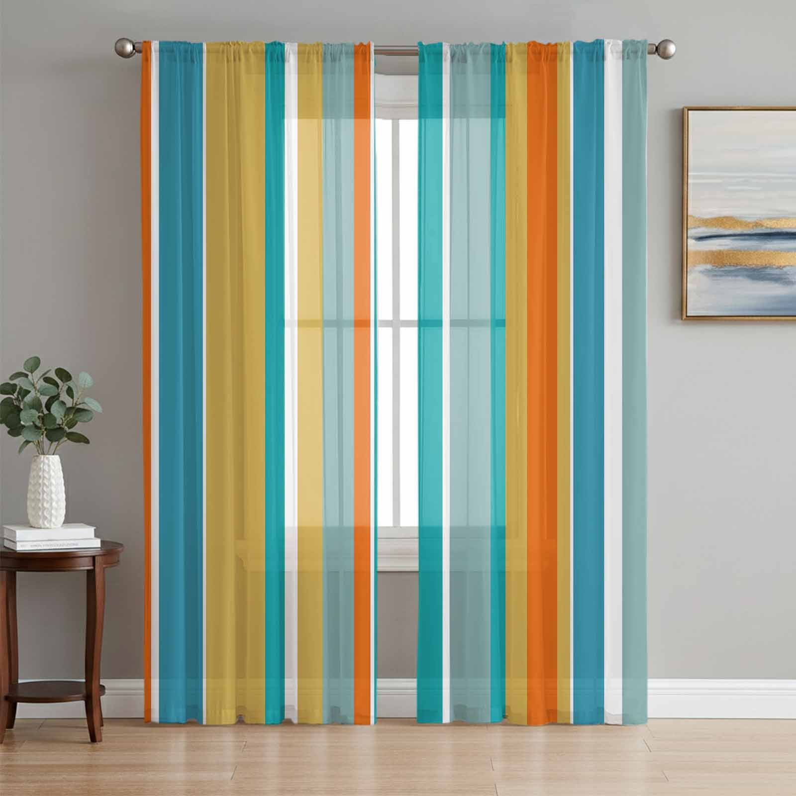 Blue Teal Orange Striped Sheer Curtains 84 Inch Length 2 Panels Set ...