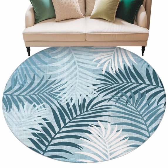Blue Teal Palm Leaves Round Rug 6ft Washable Circle Kitchen Rugs Non ...