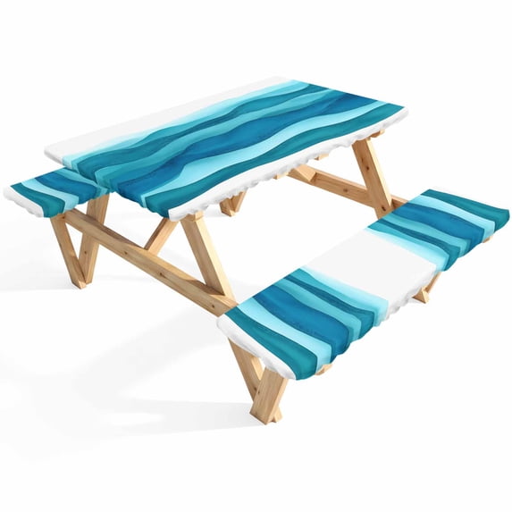 Blue Teal Picnic Table Cover with Bench Covers Gradient Waves Abstract ...