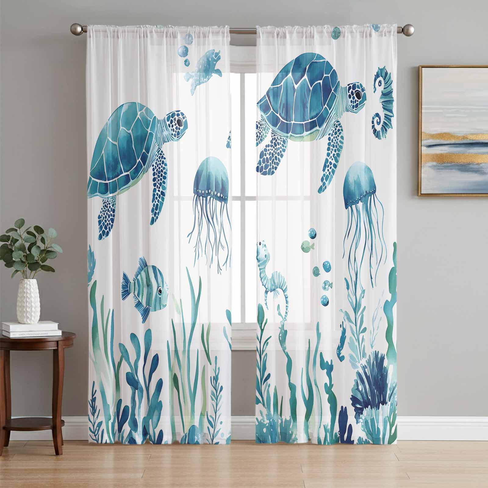 Blue Teal Sea Turtle Sheer Curtains 63 Inch Length 2 Panels Set ...
