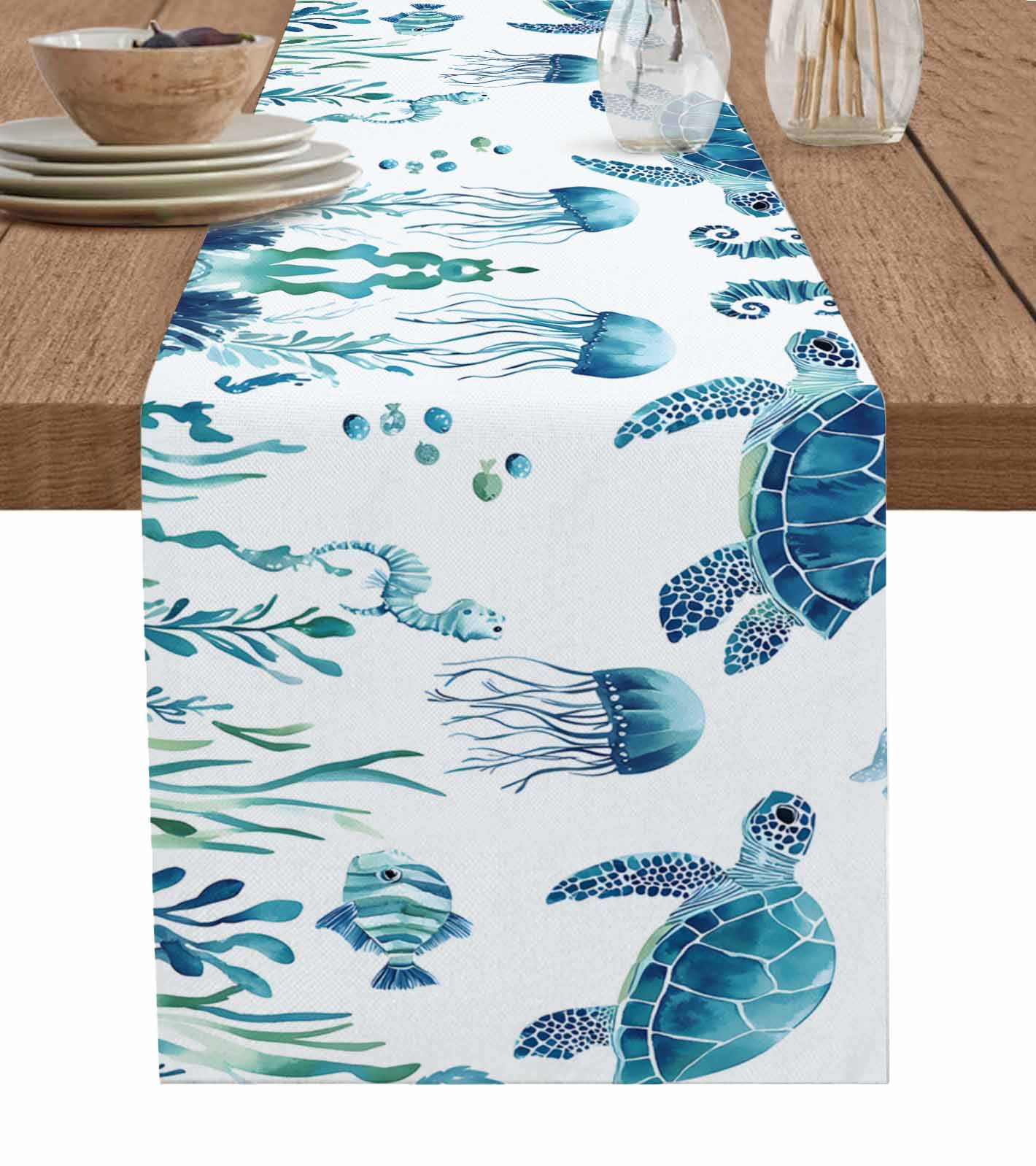 Blue Teal Sea Turtle Table Runner Cotton Linen 36 Inch Holiday Dresser ...