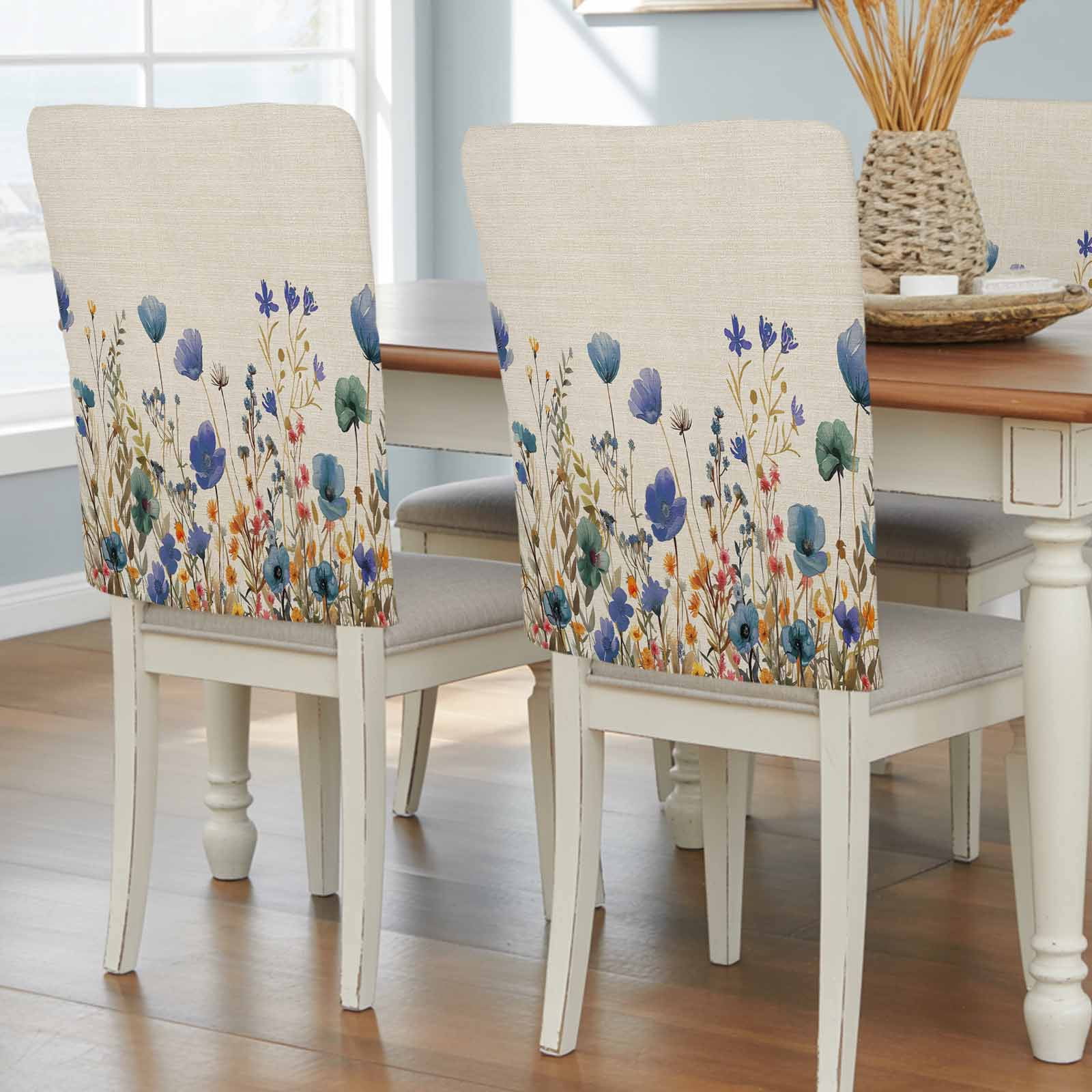 Blue Teal Spring Floral Chair Back Covers, Watercolor Botanical Summer ...