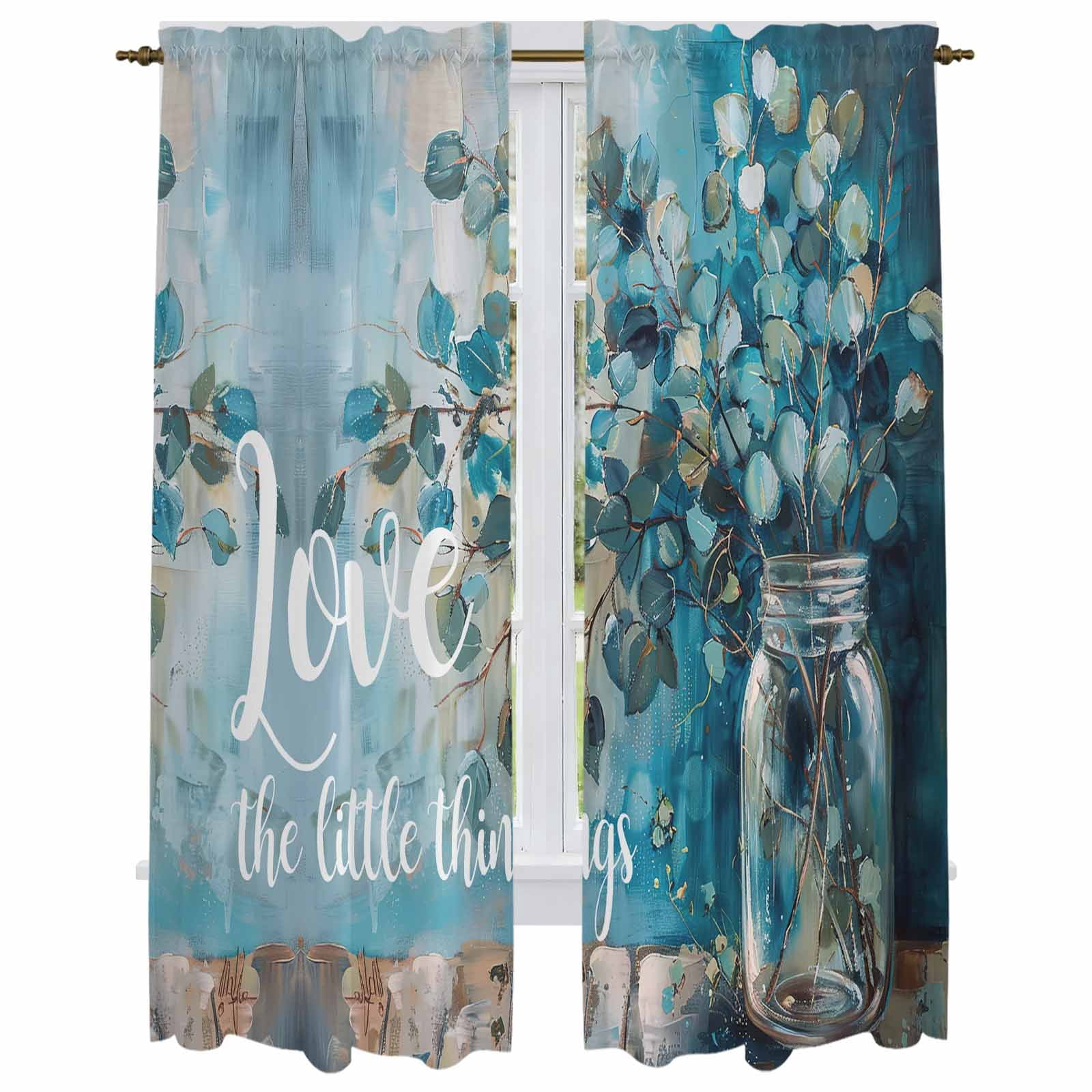 Blue Teal Spring Floral Kitchen Curtains, Modern Botanical Oil Painting ...