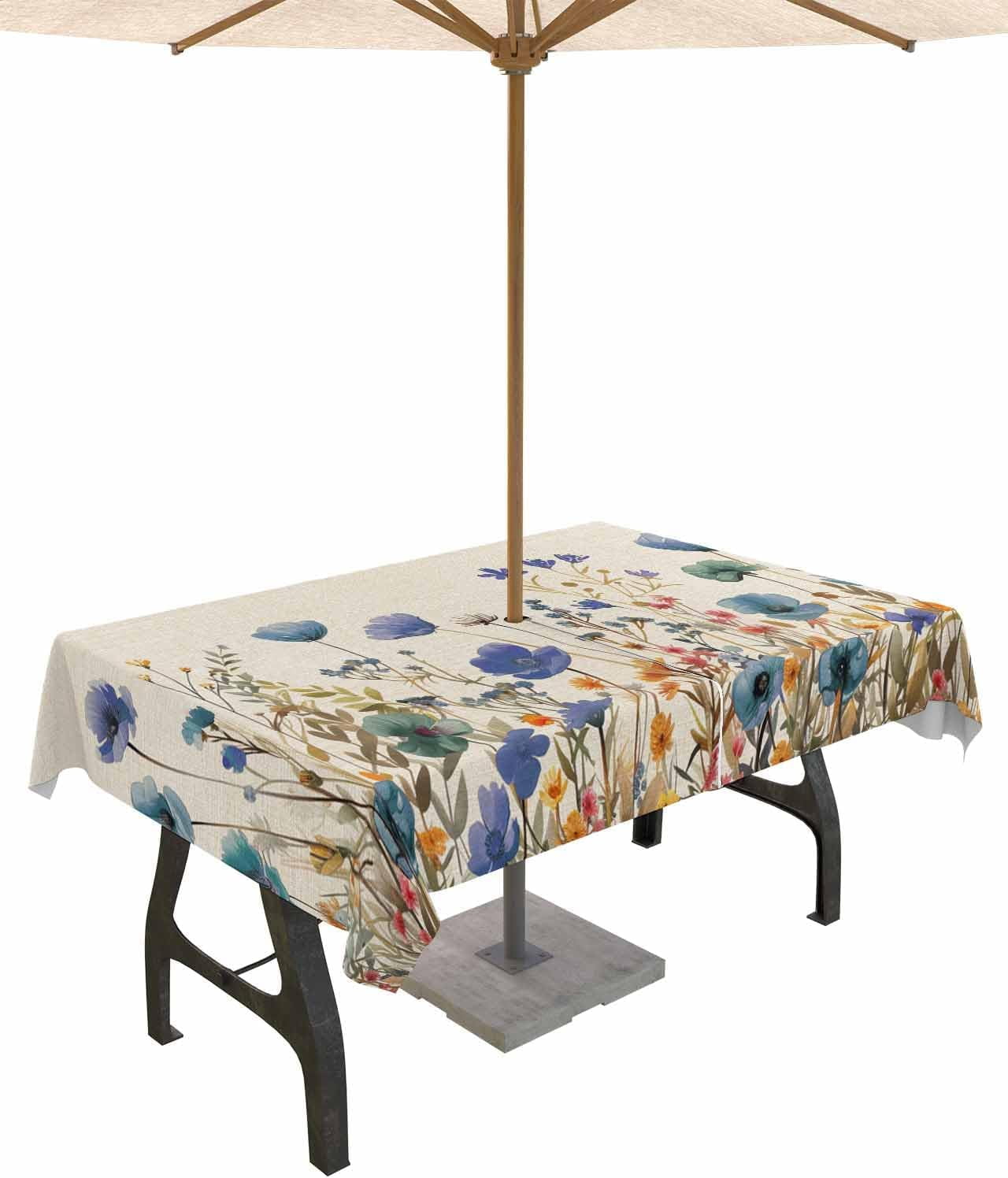 Blue Teal Spring Floral Outdoor Tablecloth - 60x120 Inch Dining Table ...