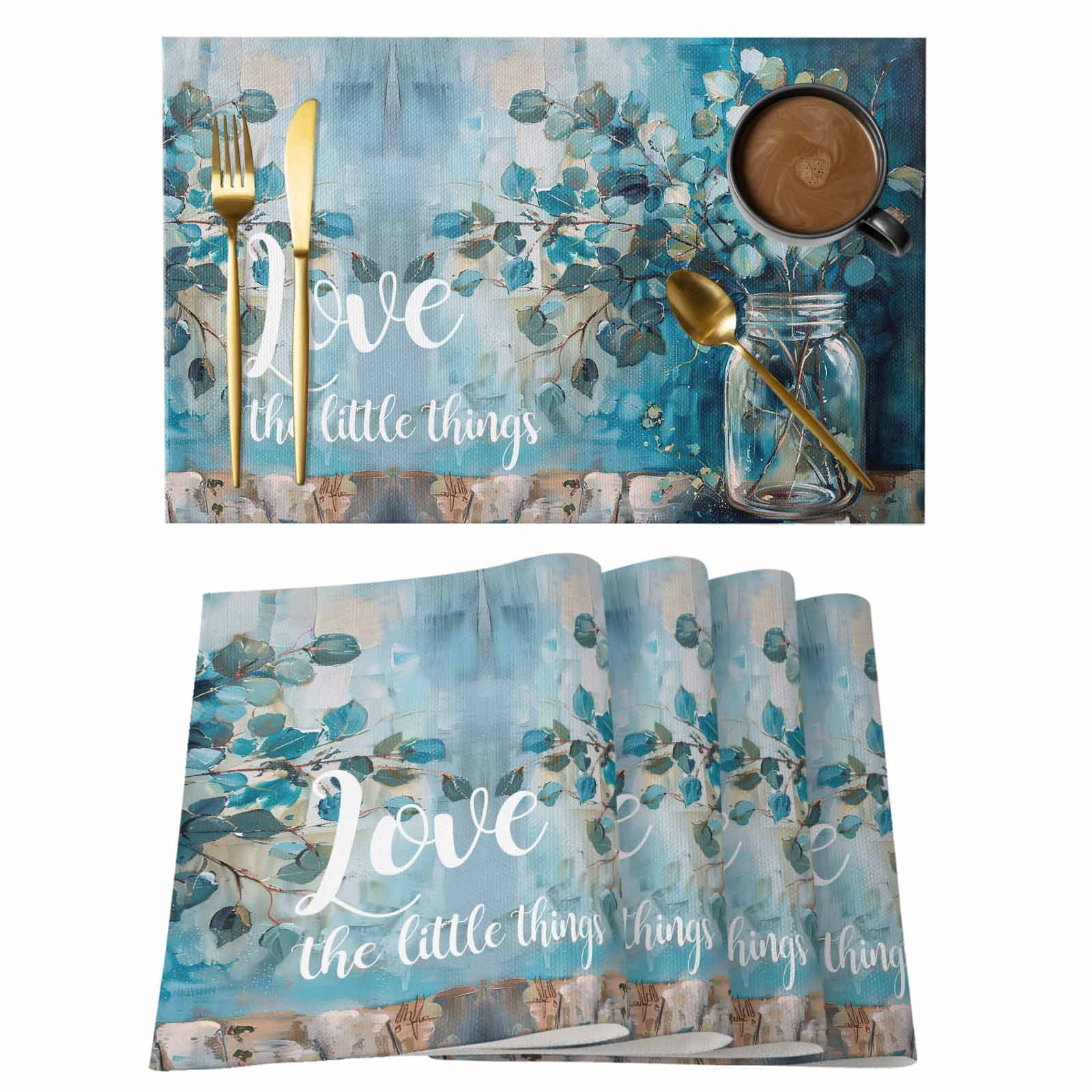 Blue Teal Spring Floral Placemats Set of 12,Cotton Linen Fabric Place ...