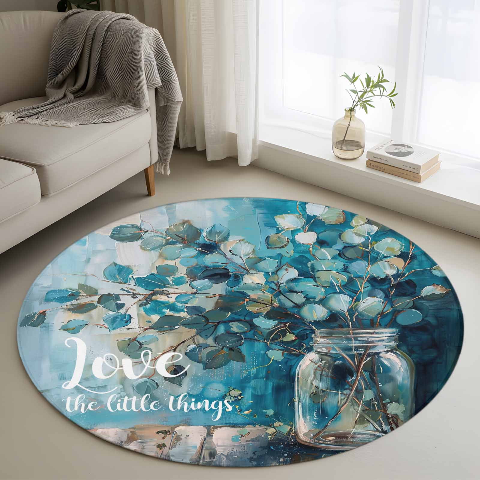 Blue Teal Spring Floral Round Area Rug 3 FT,Small Kitchen Bathroom Mats ...
