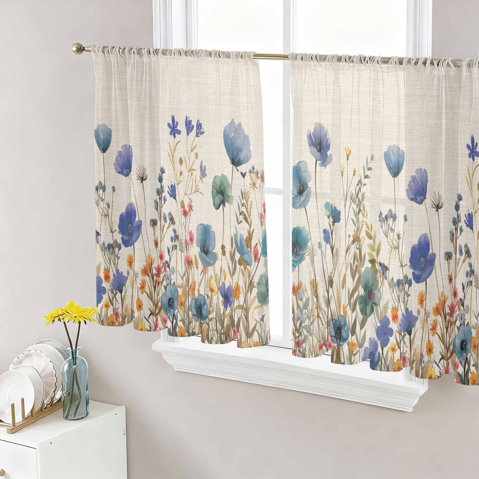 Blue Teal Spring Floral Semi Sheer Curtains 54 Inch Length 2 Panels Set ...